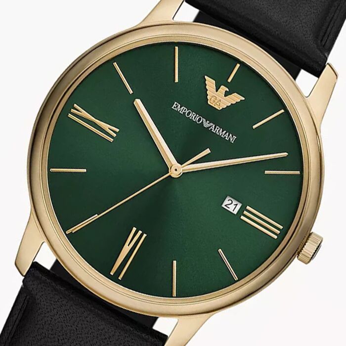 Emporio Armani Minimalist Green Dial Date Black Leather Watch AR11601